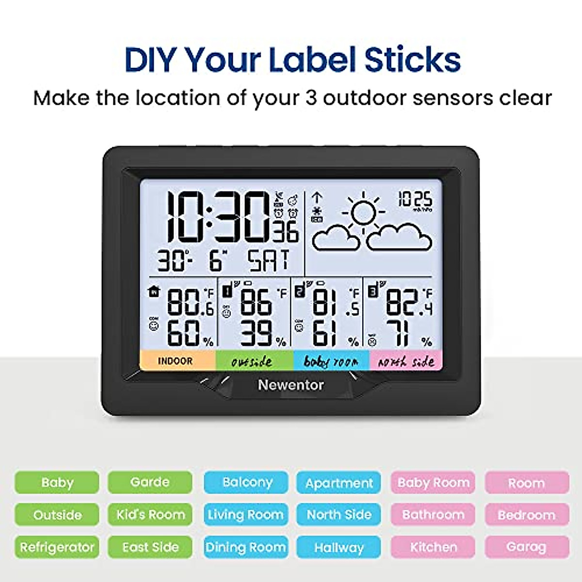 Newentor Weather Station Wireless Indoor Outdoor Multiple Sensors, Digital Atomic Clock Weather Thermometer, Temperature and Humidity Monitor, Forecast Weather Station with Backlight, Black