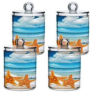 ALAZA 2pcs Summer Sea Beach Starfish Funny Qtip Holder Dispenser 14 oz Bathroom Storage Clear Apothecary Jars Containers Cotton Ball,Cotton Rounds,Floss Picks, Hair Clips, Food