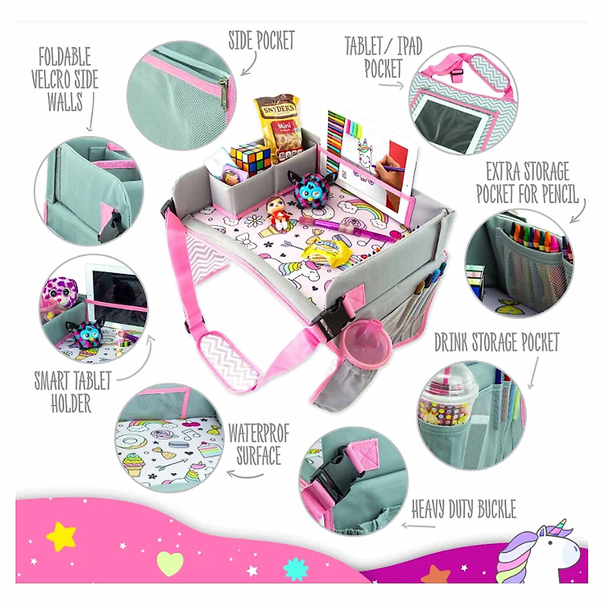 Thr33E Car Seat Kids Travel Tray - Travel Lap Desk Active Accessory for Child’s - Kids Tablet iPad Holder Stand Art Storage Pockets (Pink)