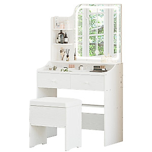 LIKIMIO Makeup Vanity Desk with Mirror and Lights, Vanity Table Set with Storage Drawer, Chair and Three Shelves, White