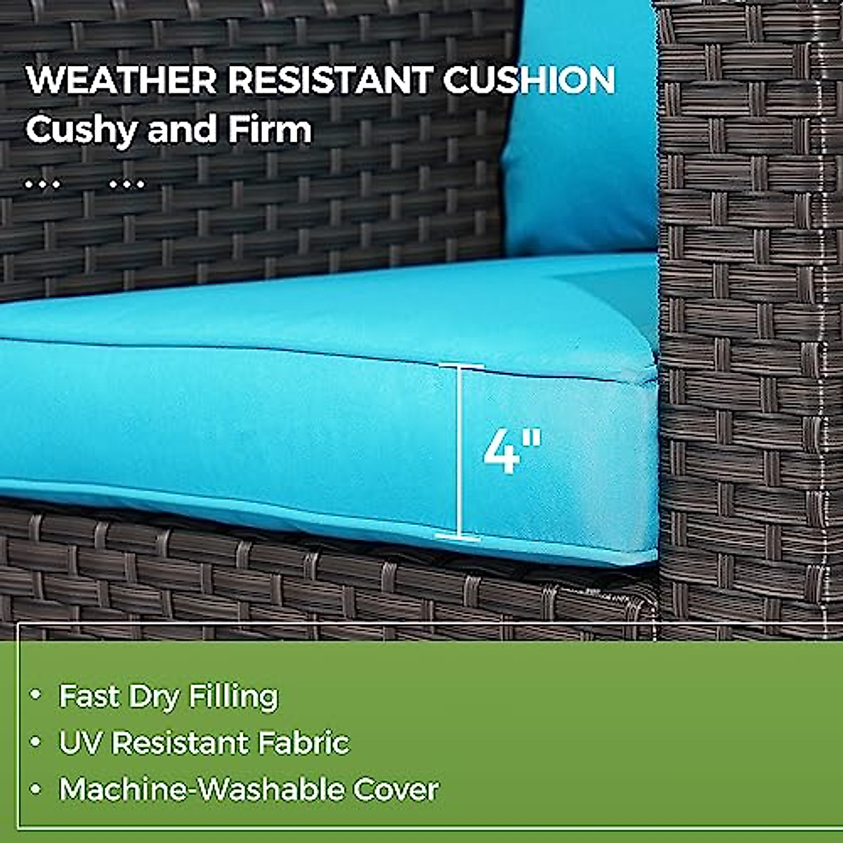 HEYNEMO Outdoor Patio Furniture Sets, 4 Pieces Outdoor Sectional Rattan Sofa Set, Brown PE Wicker Patio Conversation Sets with 8 PCS Lake Blue Washable Cushion and Tempered Glass Table