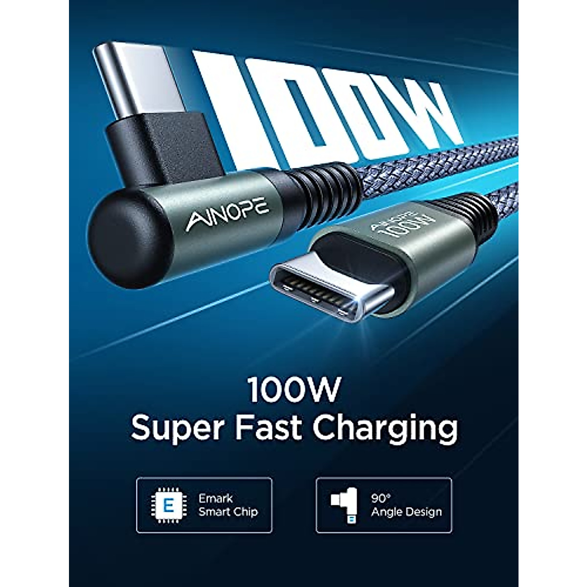 AINOPE 100W USB Charging Cable, 90° Cable, 6.6FT, Grey