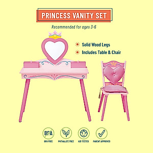 Wildkin Kids Princess Wooden Vanity and Chair Set for Girls, Vanity Features Mirror and Attached Jewelry Box and Music Box, Includes Matching Chair with Removable Backrest and Seat Cushion (Pink)