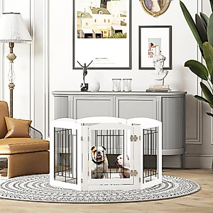 Spirich Extra Wide Dog Gates with Walk Through Door, Wooden Freestanding Pet Gate for Dog, Dog Gate for The House, Doorway, Stairs, 120" Wide Pet Puppy Safety Fence with 6 Panels (White)