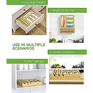 Uamector Bag Storage Organizer for Kitchen Drawer, 100% Natural Bamboo 6 in 1 Bamboo Foil and Plastic Wrap with Cutter, Storage Bag Organizers