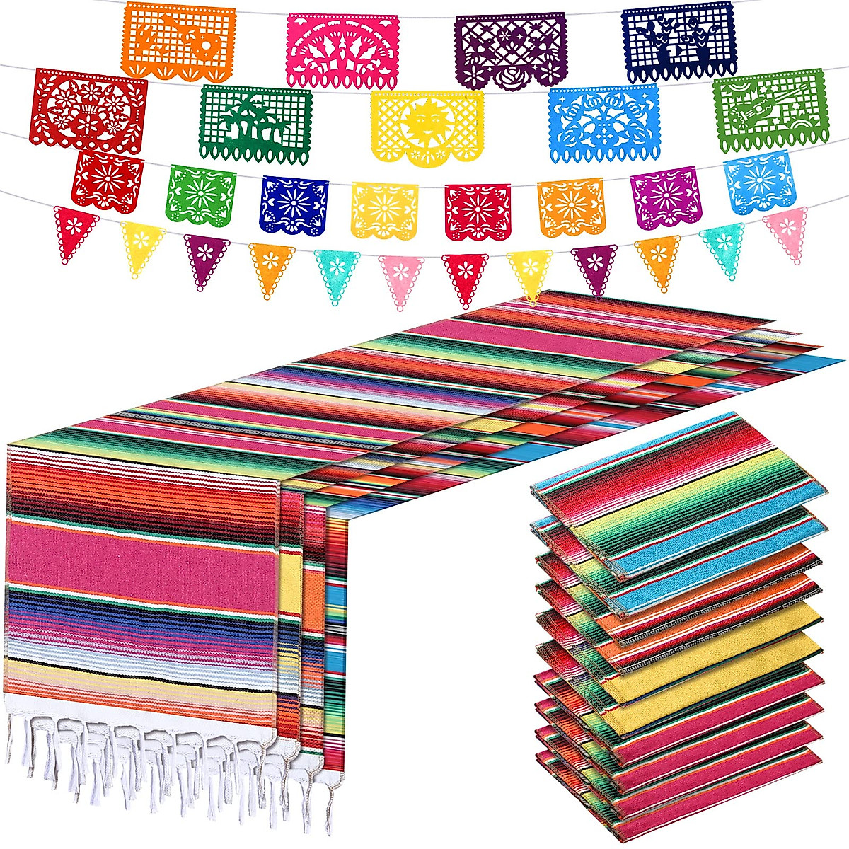 10 Pack 14 x 84 in Mexican Serape Table Runners, 29 Pcs Papel Picado Banner, Fiesta Hanging Banner and Pennant Flag Banner Colorful Bunting Banner for Mexican Theme Party (Rose, Blue, Orange, Yellow)