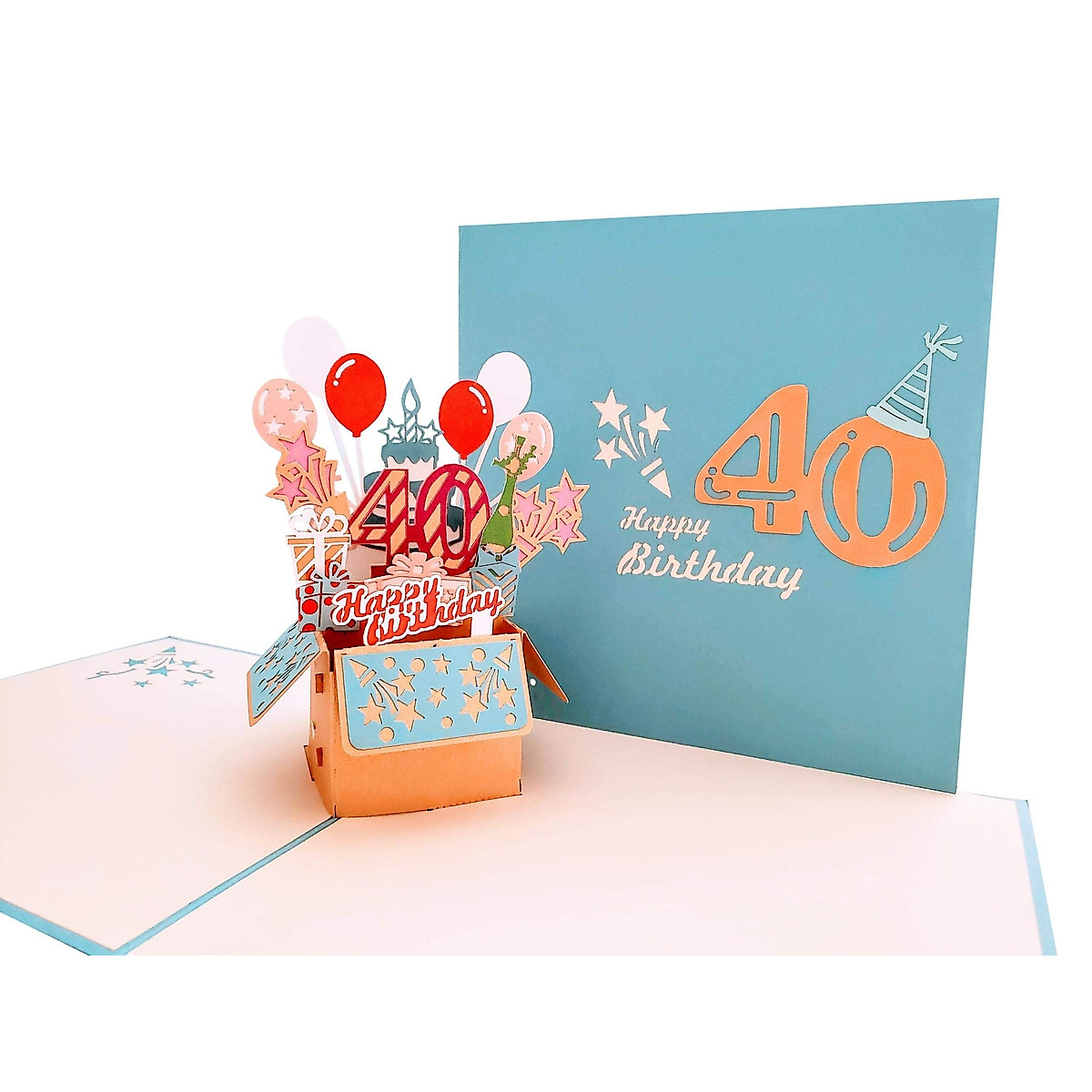 iGifts And Cards Happy 40th Blue Birthday Party Box 3D Pop Up Greeting Card – Forty, Awesome, Balloons, Presents, Unique, Celebration, Feliz Cumpleaños, Congrats, Fun