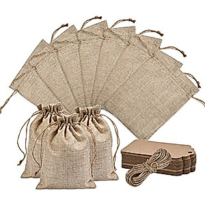 FOCCTS 50Pcs Burlap Bags with Drawstring, 5x7.5 Gift Bag Bulk Pack with 50 Pcs Paper Tags, 32.8Ft String, Birthday Bag, Craft Bags, Gift Tags for Christmas, Thanksgiving