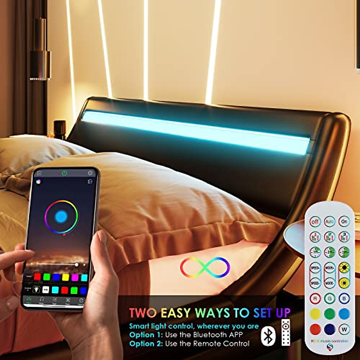 Keyluv Queen Upholstered Smart LED Bed Frame with Headboard, Durable Sleigh Low Profile Platform Bed, Color Changing with Music, App Control, Smart Bedroom Series, Black