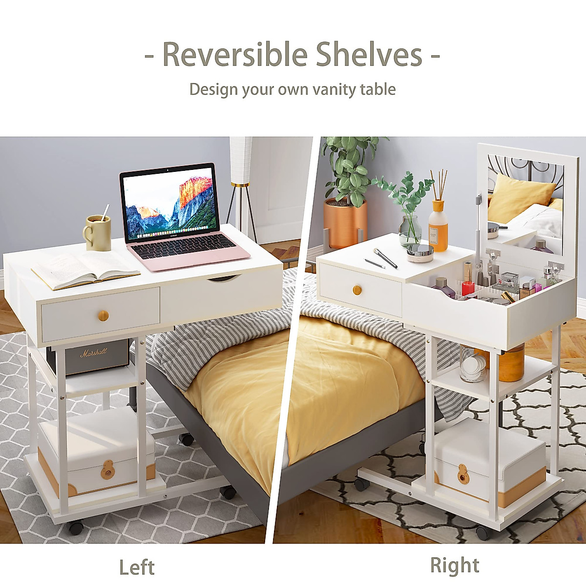 Elephance Moveable Vanity Desk with Mirror for Small Spaces, Makeup Dressing Table Computer Desk with Drawers and Shelves for Bedroom