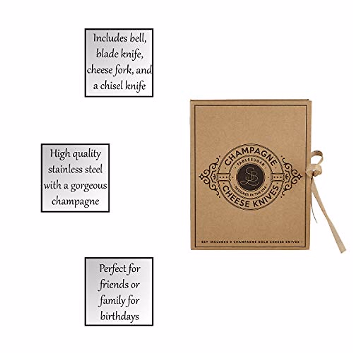 Santa Barbara Design Studio Gift Set Kitchen Essentials TableSugar Kraft Cardboard Book Gift Box, 4-Pieces, Champagne Gold Cheese Knives