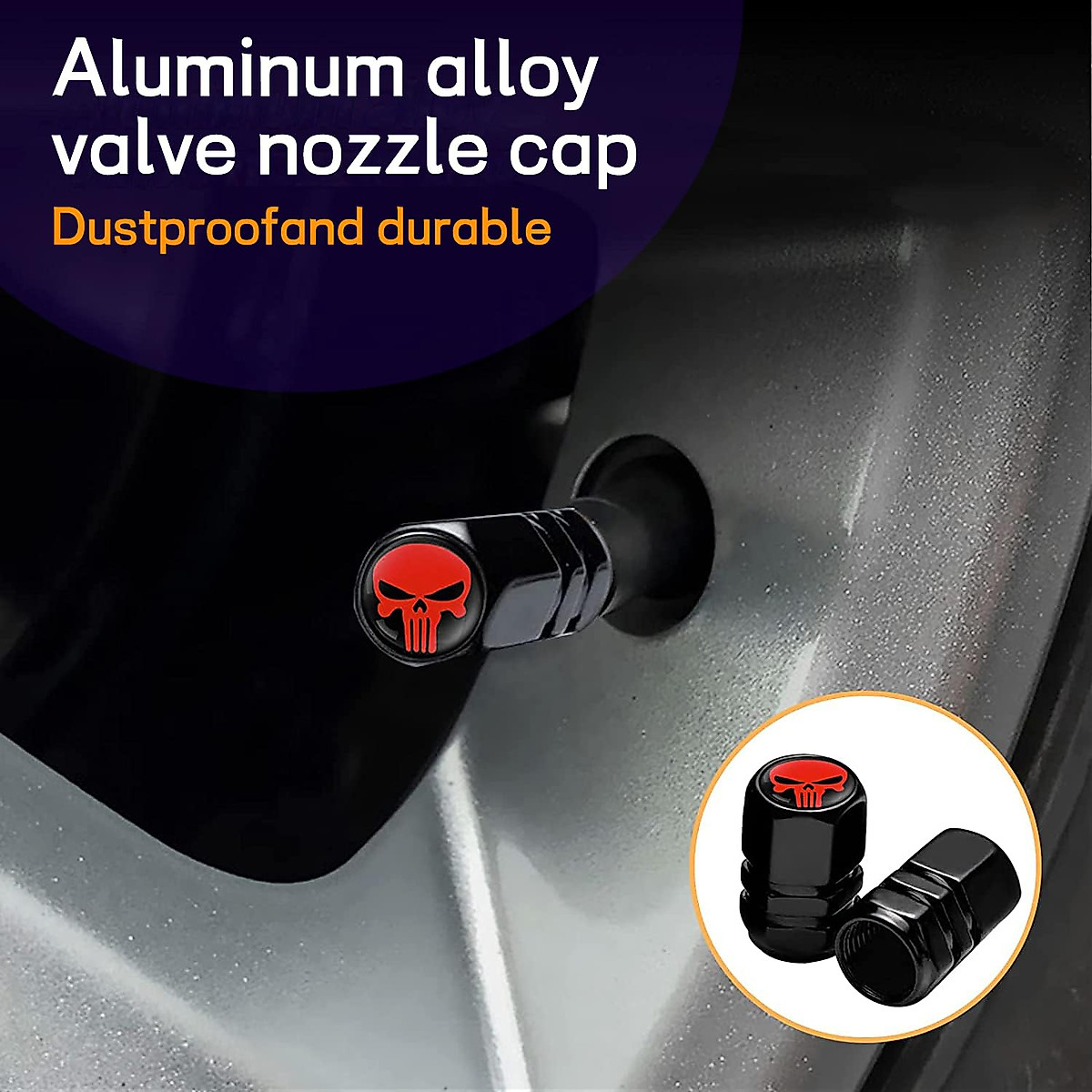 ZKFAR Pack-4 Skull Car Wheel Tire Valve Stem Caps, Universal Dust Proof Valve Stem Covers, Car Air Valve Caps Cover (Red)