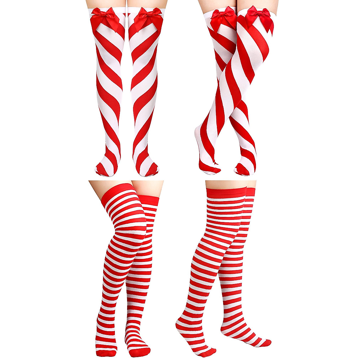 Eurzom 4 Pairs Christmas Striped Socks Red and White Striped Socks Women Long Striped Candy Cane Knee High Socks Leg Stockings for Women