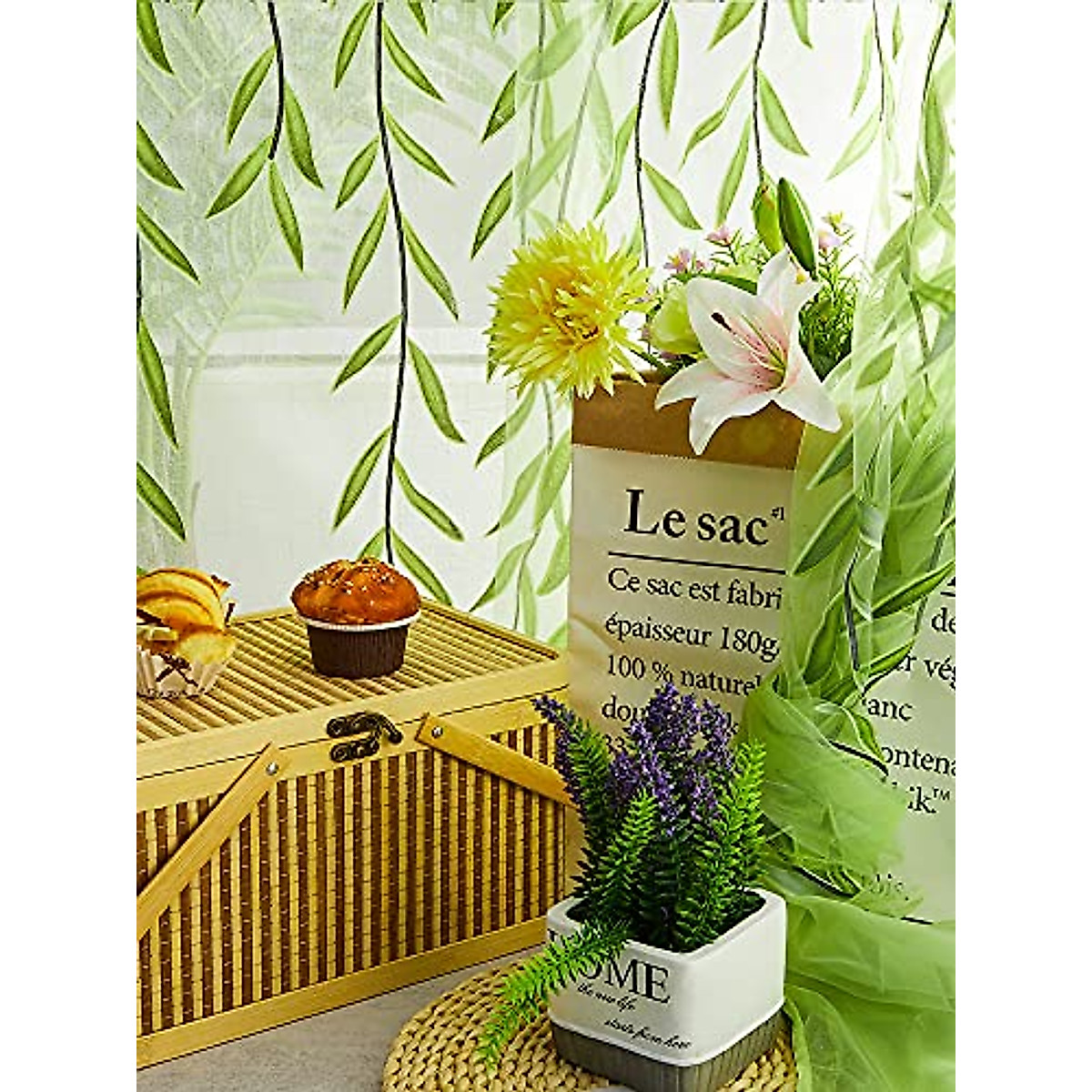 Willow Voile Curtains Cute Green Sheers Leaf Curtain Tulle Vine Window Curtains Nursery Green Sheers Ivy Pretty Curtain for Kids Living Room Bedroom Window Door Balcony (2 Pieces,39.4 x 78.7 Inch)