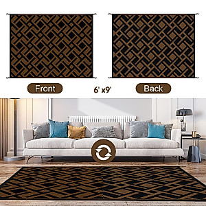 Reyox Outdoor Rugs Reversible Waterproof Mat Plastic Straw Rug with Corner Loops & Stakes Non-Fading RV Camping Mat Portable Patio Rugs Lattice Brown 6x9 ft