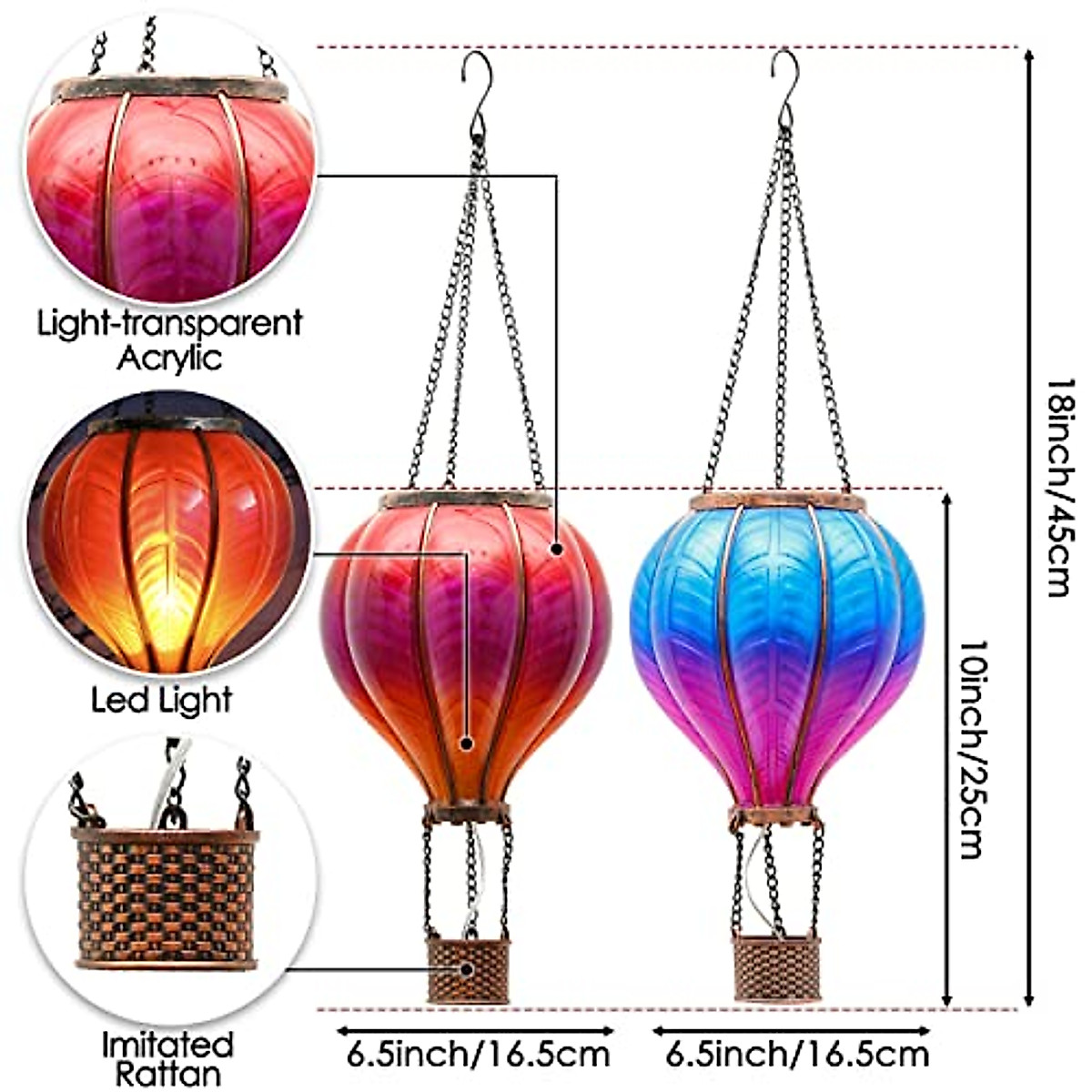 TERESA'S COLLECTIONS 2 Pack 18 Inch Hanging Solar Lantern Outdoor Garden Decor, Waterproof Hot Air Balloon Flame Effect Lantern Decorative Flickering Solar Lights for Lawn Porch Tree Yard Decorations