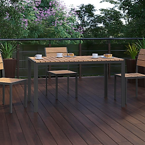 Flash Furniture Finch Commercial Grade Outdoor Dining Table 55" x 31" with Faux Teak Poly Slats and Metal Frame, Natural/Gray