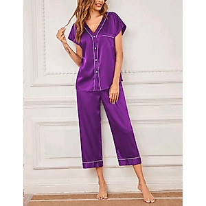 Ekouaer Satin Pajamas Set for Women Button Front Silk Sleepwear Short Sleeve V Neck Loungewear Set Purple Pajamas Set