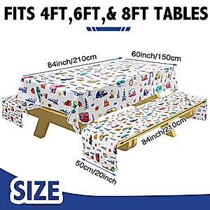 Camping Tablecloth with Picnic Bench Covers, Picnic Table Cover Fits 4ft to 7ft Picnic Tables, Washable Reusable Polyester Table Cloth for Camping Table Included Storage Bag and Clip (Cute Style)