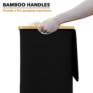 SpaceAid Laundry Hamper with Lid, 110L Large Tall Clothes Basket Bin with Bamboo Handles, Collapsible Laundry Hamper for Bedroom, Bathroom, Dorm, Laundry Room - Black
