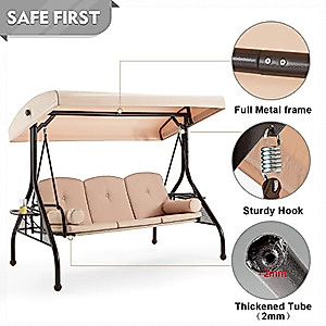 HOMREST 3 Seat Outdoor Porch Swing,Adjustable Canopy Porch Swings,Outdoor Swing with Stand, Patio Glider Chair with Thicken Cushions,Pillow & Cup Holder