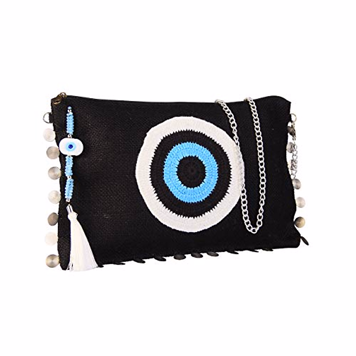 KarensLine Handmade Evil Eye Black Blue Clutch Bag for Women Beach Bag Zipper Closure Wipeable Lining with Crystals Tassels (w/Chain)