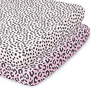 The Peanutshell Fitted Pack n Play, Playard, Mini Crib Sheets for Baby Girls | 2 Pack Set | Cheetah Animal Print
