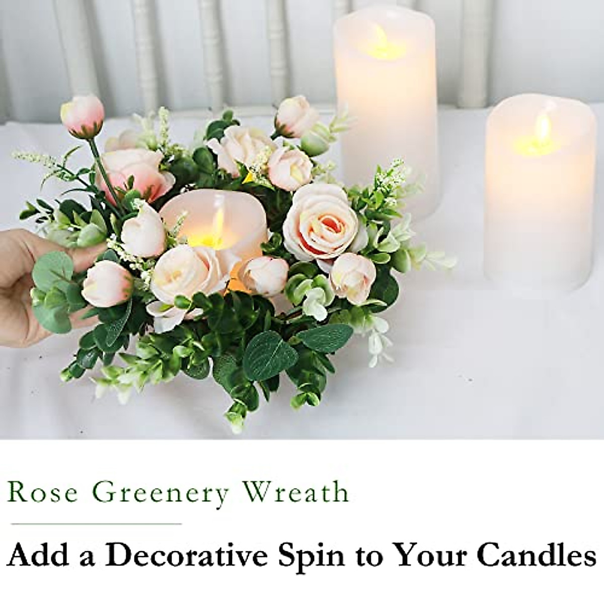 Acmee 4 Pcs Artificial Rose Candle Rings - Floral Wreaths with Eucalyptus Leaves Greenery Garland for Pillar Candle Lantern Wedding Centerpiece Party Home Table Decor(Champagne)