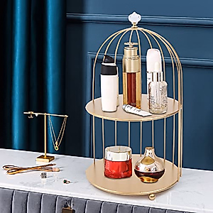Gdrasuya10 Metal Makeup Organizer Birdcage Cosmetic Storage Rack Makeup Shelf 2 Tier Bird Cage Perfume Dessert Cupcake Rack Bathroom Storage Rack Golden
