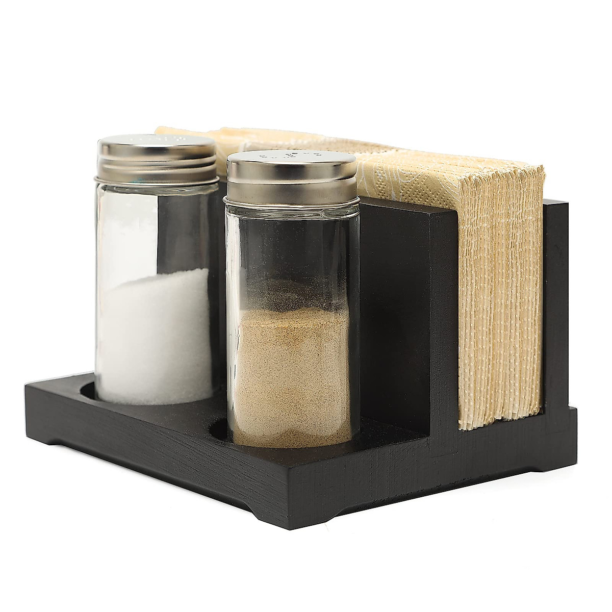AKKO Rustic Napkin Holder with Salt and Pepper Shakers, Wooden Napkin Holder for Table with 2 Spice Bottles, Perfect for Dining Table, Kitchen, Restaurant
