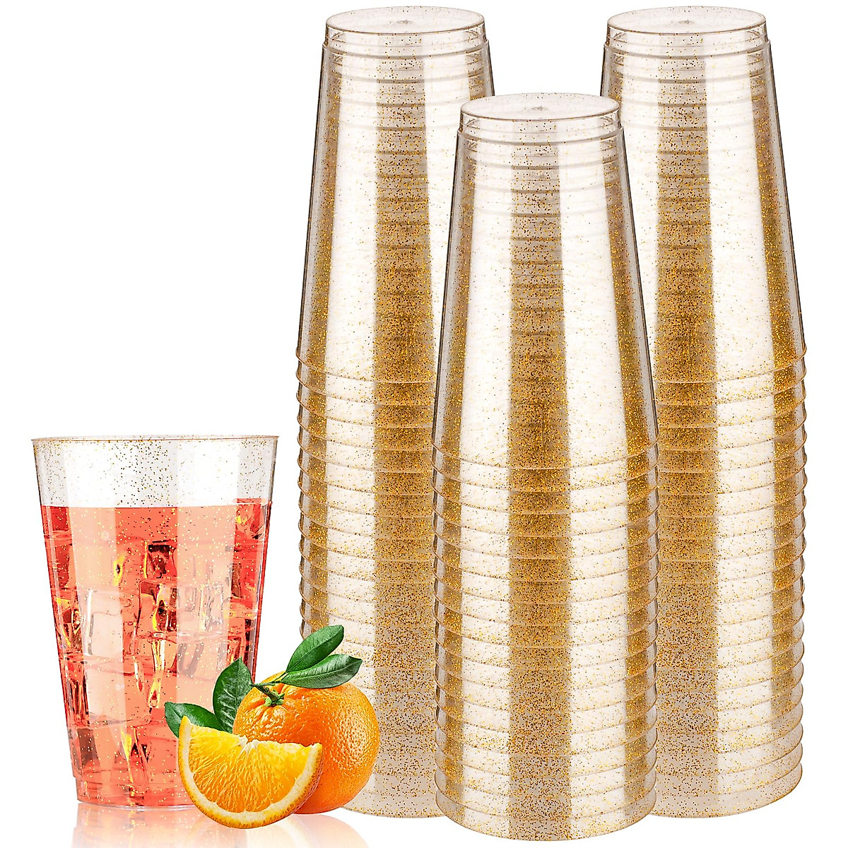 Goodluck 14 oz 50 PCS Gold Glitter Plastic Cups, Disposable Glitter Cups, Elegant Plastic Cocktail Glasses, Fancy Party Cups for Wedding, Birthday, Holiday