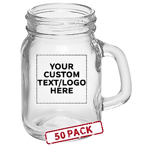 Custom Mason Jar with Handle Set 4.5 oz. Set of 50, Personalized Bulk Pack - Sampler Glasses, Glass Jars for Overnight Oats, Candies, Fruits, Pickles, Spices, Beverages - Clear
