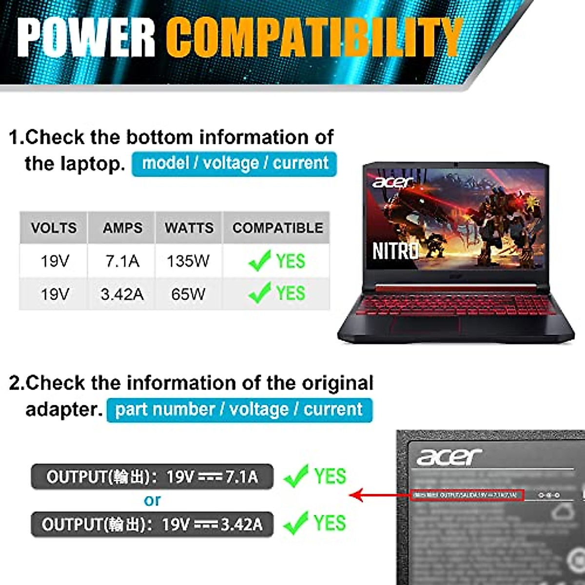 135W Laptop Charger for Acer Nitro 5 AN515-51 AN515-41 AN515-53 AN515-54 AN515-55 AN515-54 AN517-51 AN517-52 AN715-51 A715-52 S40-51 S40-52 ConceptD Series Adapter Power Supply Cord