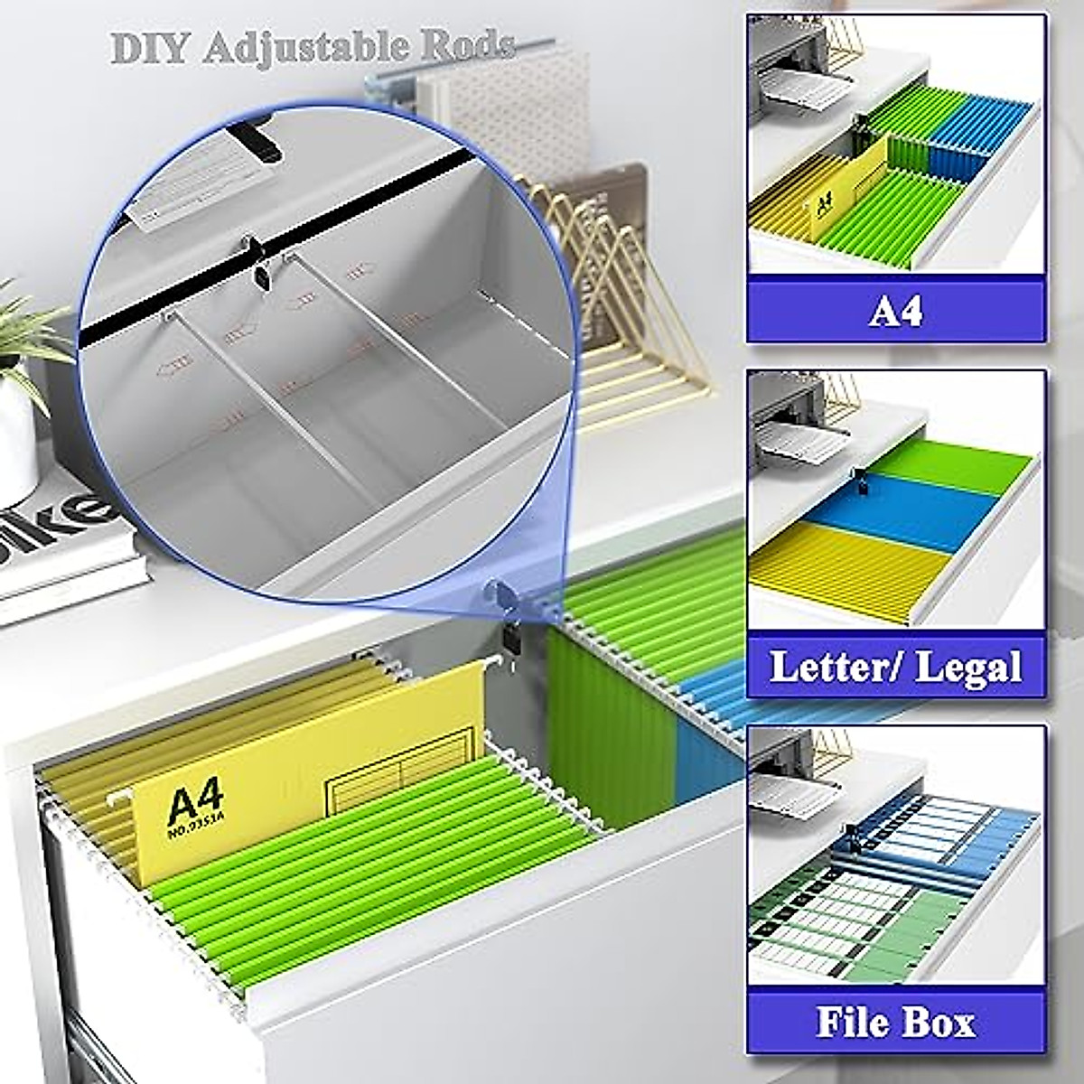 Hak 2 Drawer Locking File Cabinets for Home Office, Metal Office Lateral File Cabinet with Lock, Lockable Modent Filing Cabinet for Hanging Files Letter/Legal/F4/A4 Size, White