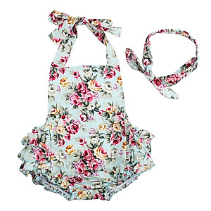 Baby Girls 2pcs Sets Cotton Ruffles Romper Outfits Clothes Blue Roses Flower 6 Months