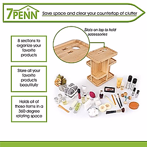 7Penn Bathroom Cosmetic Organizer Countertop Rotating Makeup Display - 11in Bamboo Bathroom Tower Shelf 2 Tier Organizer