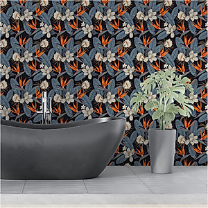 UniGoos White Floral Peel and Stick Wallpaper Black Background Blue Palm Flower Contact Paper Vinyl Self-Adhesive Vintage Wall Paper Roll for Cabinet DIY Decor 17.7" x 118"