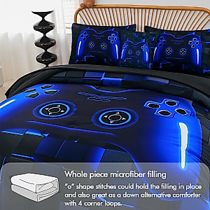PERFEMET Twin Size Bed in A Bag 6 Pieces Gaming Bedding Set for Boys Blue Gamer Comforter with Sheet Set for Kids Teen Cool Video Game Black Quilt Bedding Set(Blue, Twin)
