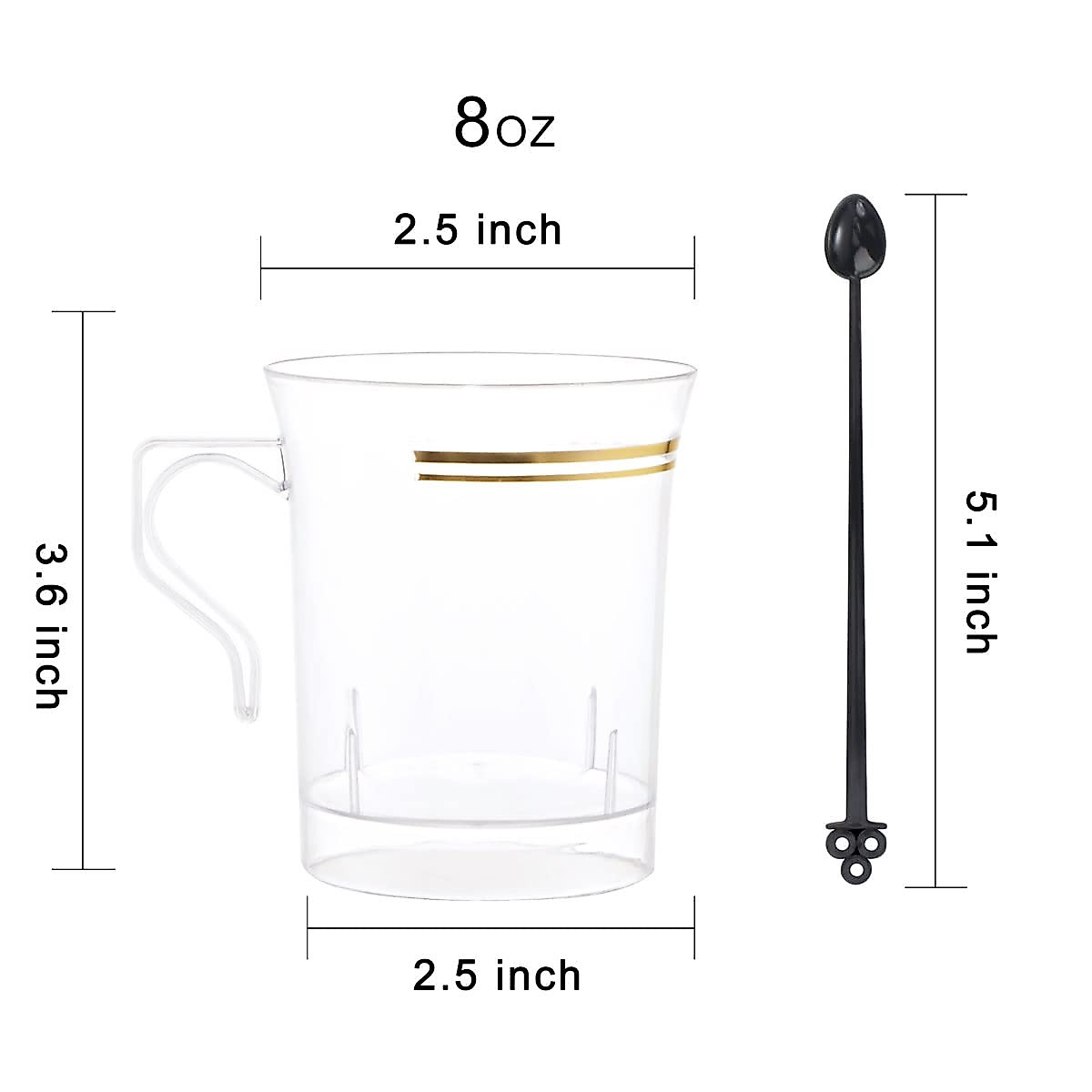 Nervure 60 Pack Clear Gold Plastic Coffee Mugs with 60 PCS Black Coffee Stirrers - 8oz Disposable Coffee Cups with Handles & 5inch Coffee Stirrers - Plastic Tea Cups with Gold Rim for Party