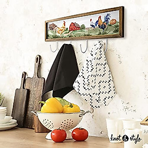 Knot and Style Rooster Decor Wall Art - Chicken Kitchen Decor (4 x Towel/Coat/Key Hooks) Made from Wood 3.5 x 16.9 & Wall Mounting Screws Country Kitchen Decor - Rooster Kitchen Decorations