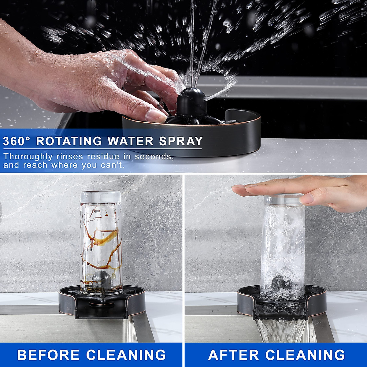 2023 Newest Metal Glass Rinser for Kitchen Sink - 360° Rotary Cup Washer, Faucet Cup Rinser Cleaner Kitchen Sink Bottle Washer for Bar, Oil Rubbed Bronze
