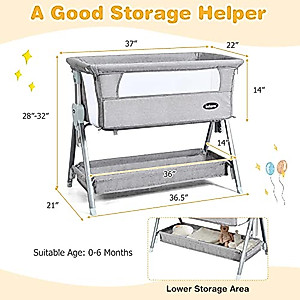 INFANS Baby Bassinet Bedside Crib, Newborn Sleeper w/Large Storage Basket, Adjustable Heights & Angle, Detachable &Washable Mattress, Breathable Mesh, Straps, Easy Moving Bed Side, Dark Grey