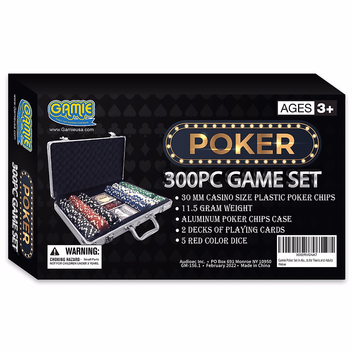 Gamie Poker Set in Aluminum Case, Casino Poker chip Kit with 300 Chips, 2 Decks of Playing Cards, 5 Dice, and 1 Deluxe Case, Fun Game Night Supplies, Best Poker Gifts for Teens and Adults, Black