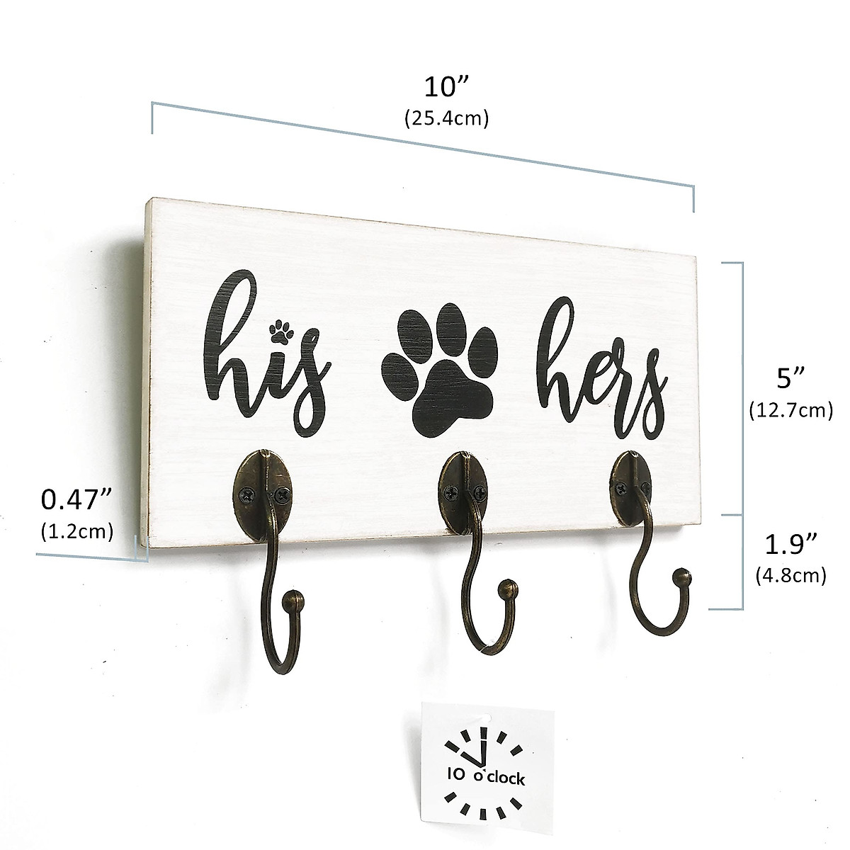 10 o'clock Decorative Key Holder & Dog Leash Hook Wall Mount for Entry Way, Kitchen, & Mudroom, His Hers & Paw Print Triple Hook, 10" x 5"