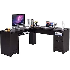 GOFLAME 66 Inch L-Shaped Computer Desk, Spacious Corner Desk w/Drawers, Cabinet & Keyboard Tray, Executive Office Desk, Study Gaming Workstation for Home Office (Black)