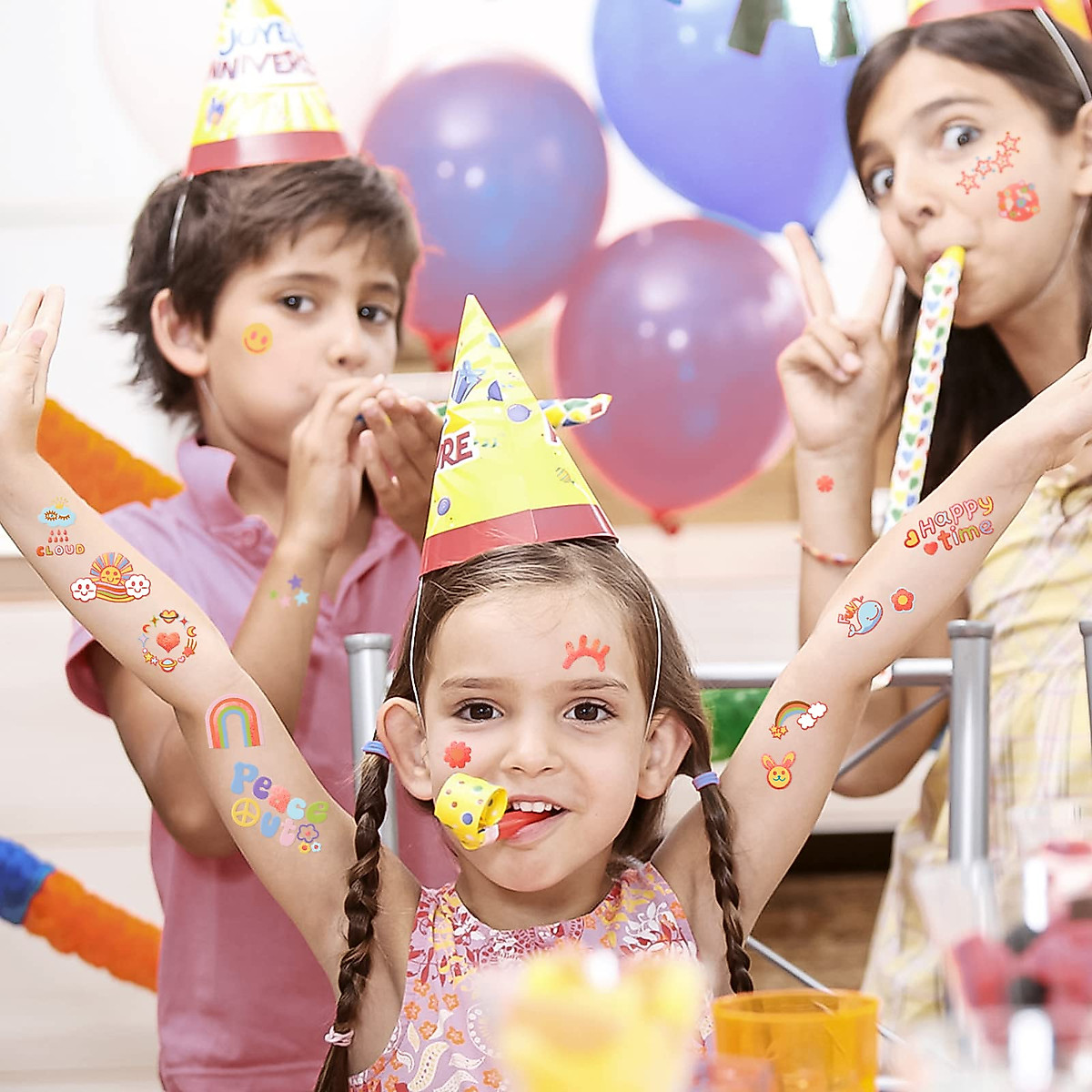 110PCS Temporary Tattoo, Sun Rainbow Flower Smiley Stars Heart Character Fake Tattoos for Girls Women Adults, Temporary Tattoos for Birthday Supplies Decorations Favors