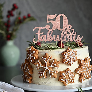 1 PCS 50 & Fabulous Cake Topper Glitter Fifty and Fabulous Cake Toppers Happy 50th Birthday Cake Pick for 50th Wedding Anniversary Birthday Party Cake Decorations Supplies Rose Gold