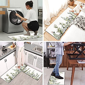 Bulijojo Green Eucalyptus Anti Fatigue Kitchen Floor Mats Set of 2 Waterproof Kitchen Sink Runner Rug Standing Mat Cushioned Kitchen Rugs Comfort Doormat 17"x47"+17"x28"