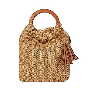 QTKJ Hand-woven Large Straw Tote Bag with Brown Leather Tassels Boho Brown Wooden Round Handle Tote Retro Summer Beach Bag Rattan Handbag (Light Coffee)