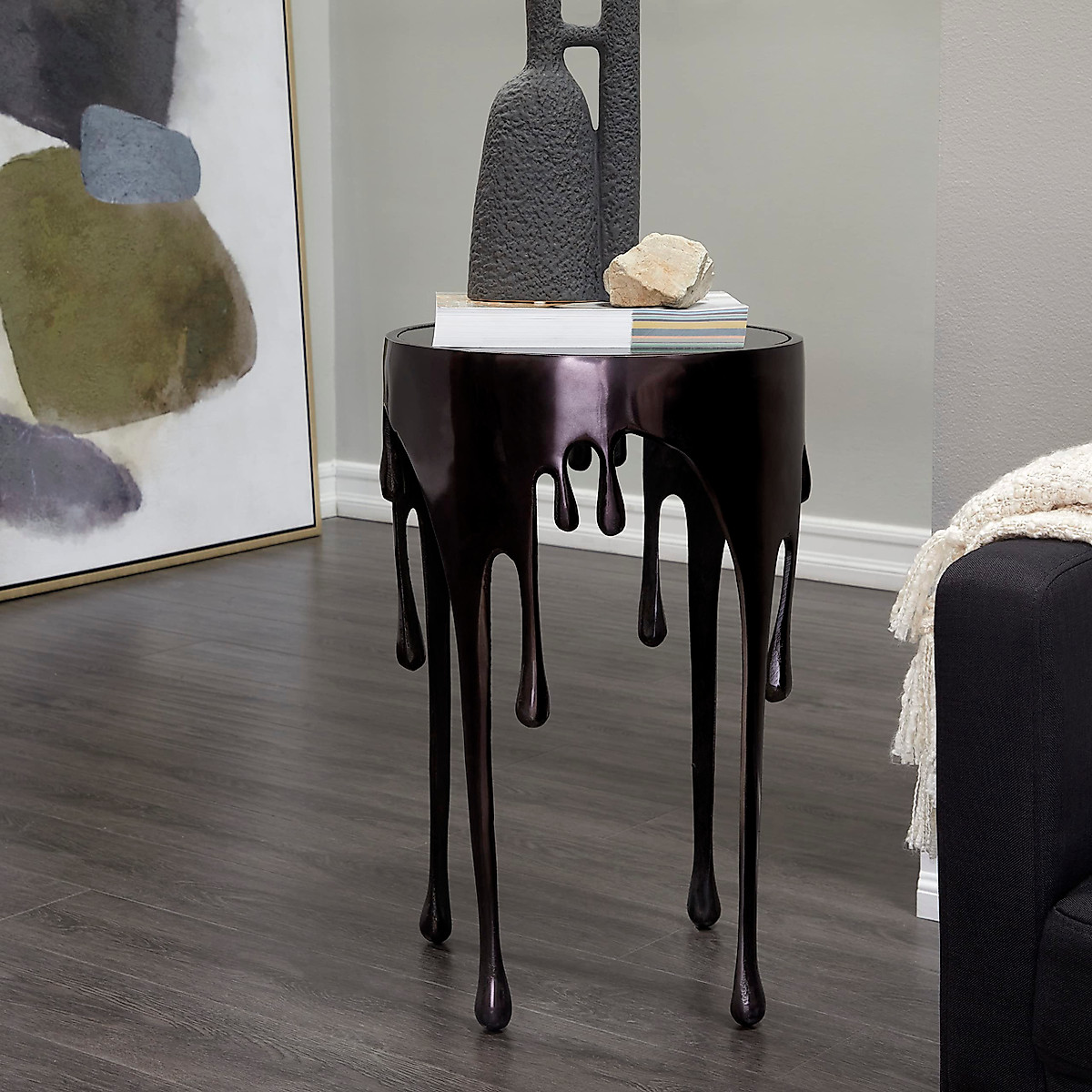Deco 79 Aluminum Drip Accent Table with Melting Designed Legs and Shaded Glass Top, 16" x 16" x 25", Black